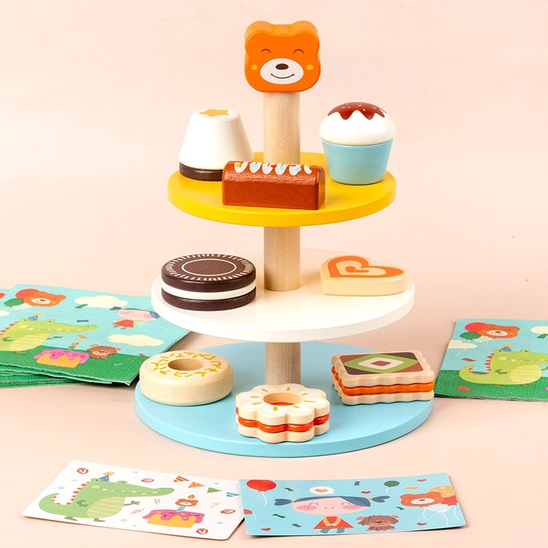 Jual Wooden Cake Stand Set Cup Cakes 3 Tier Kue Donat Pretend Play ...