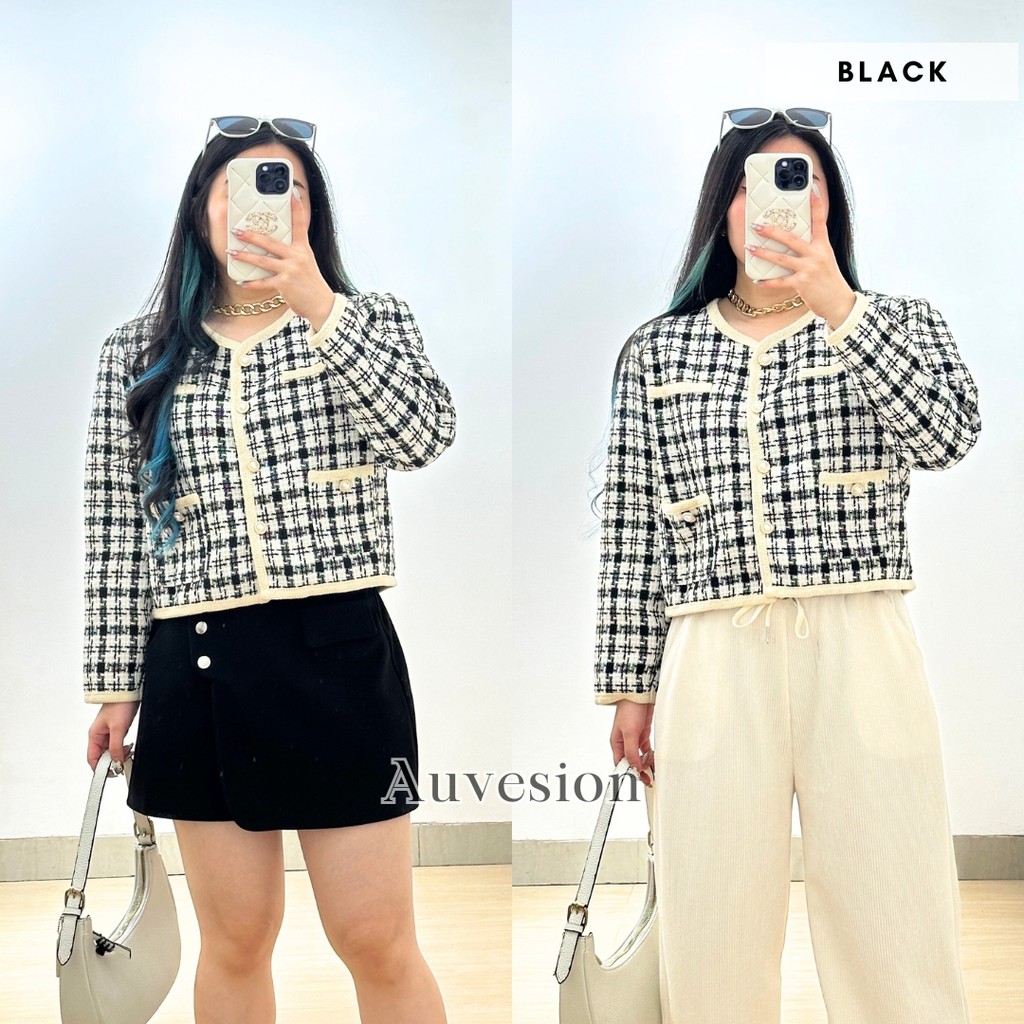 Jual AUVESION Kayla Button Plaid Tweed Top Blouse 6229 | Korean Tweed ...