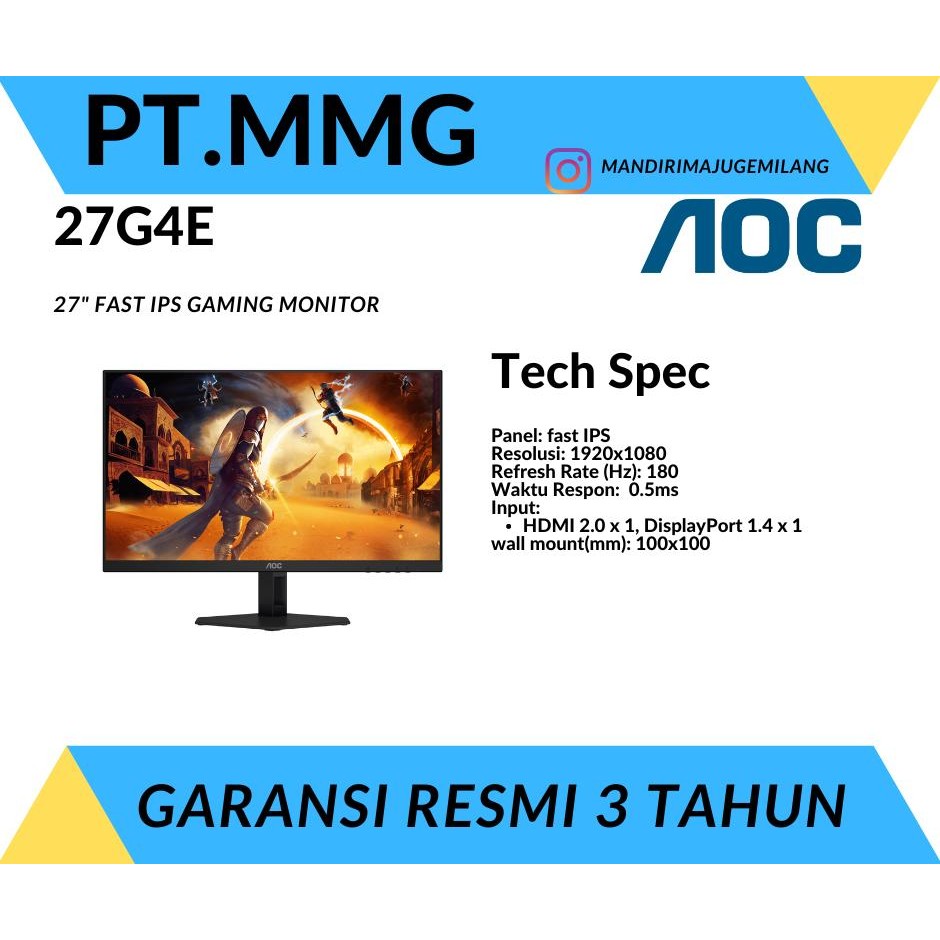 Jual Monitor LED AOC 27G4E 27" IPS 1080p FHD 180hz 0.5ms HDMI DP Vesa ...