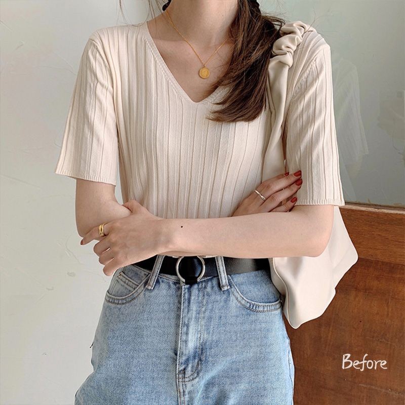 Jual Atasan Kerah V Wanita Musim Panas Pola Vertikal Tipis Kaus Lengan Pendek Sutra Es Rajutan ...