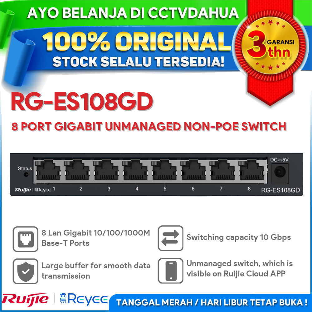 Jual RUIJIE REYEE RG-ES108GD 8 PORT GIGABIT 10/100/1000MBPS UNMANAGED NON-POE SWITCH METAL ...
