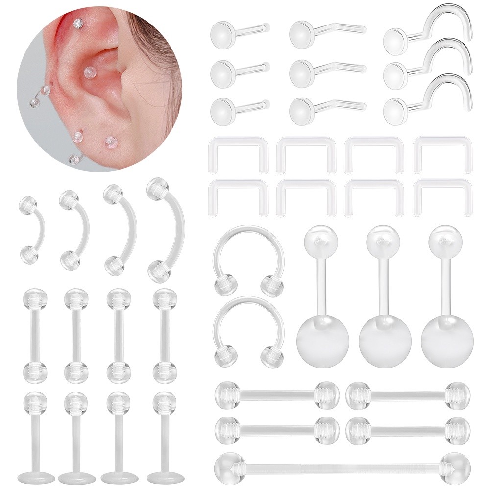 Jual 1-5Pcs Clear Acrylic Nose Septum Piercing Invisible Lip Stud Navel ...