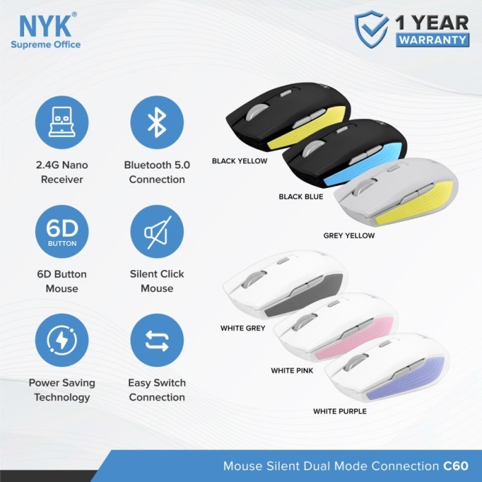 Jual Mouse Bluetooth Wireless NYK Dual Mode C60 Garansi 1 Tahun Hitam ...