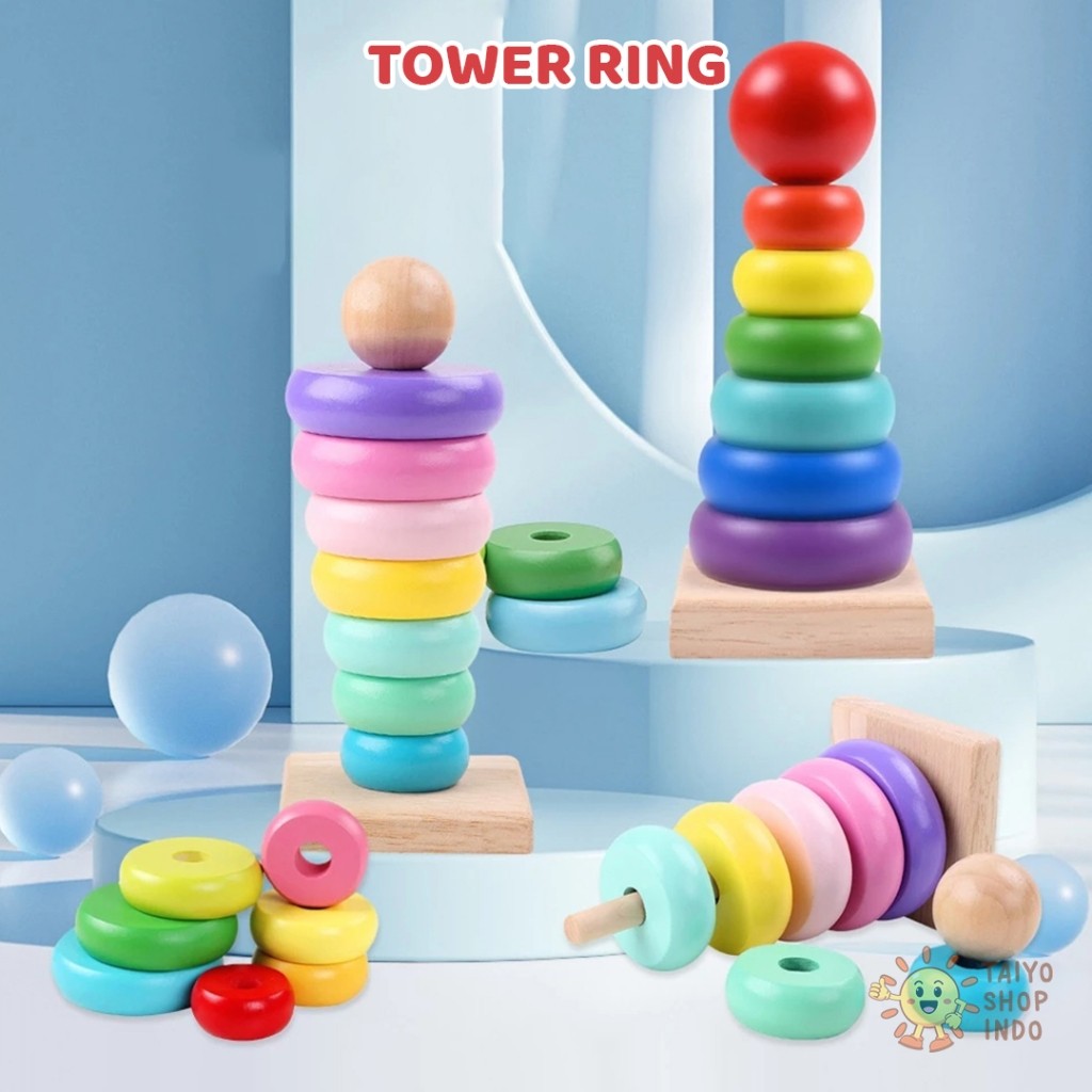 Jual TAIYO Mainan Anak Tower Ring Rainbow Pastel Basic Kayu Edukasi ...