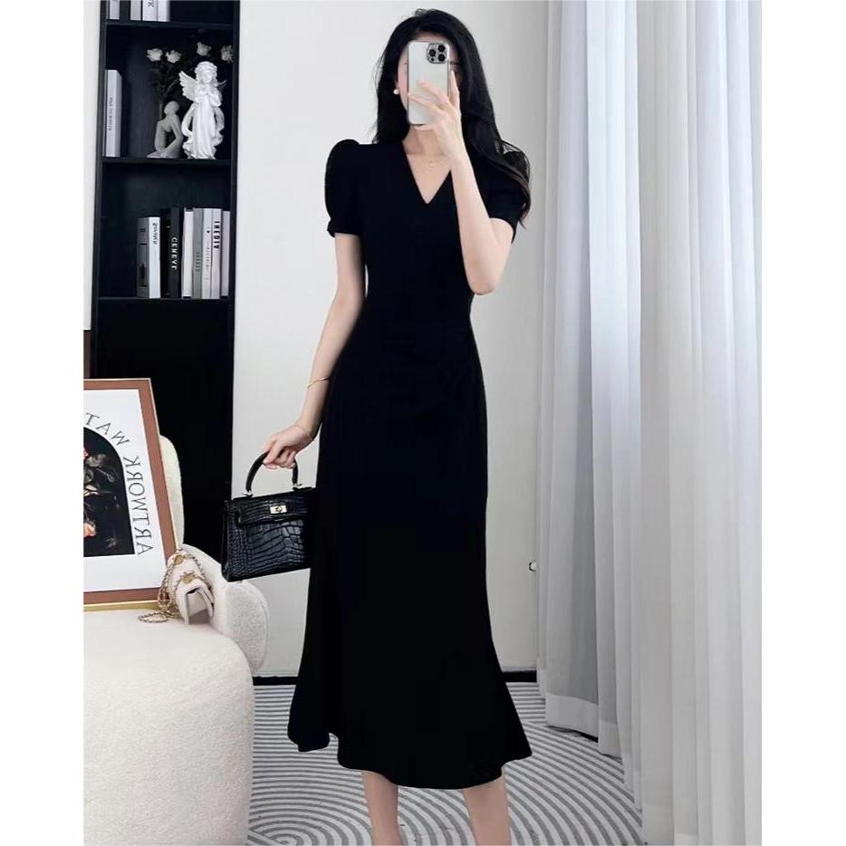 Jual EMITA BLOOM baju midi dress hitam v neck Lengan Pendek import ...
