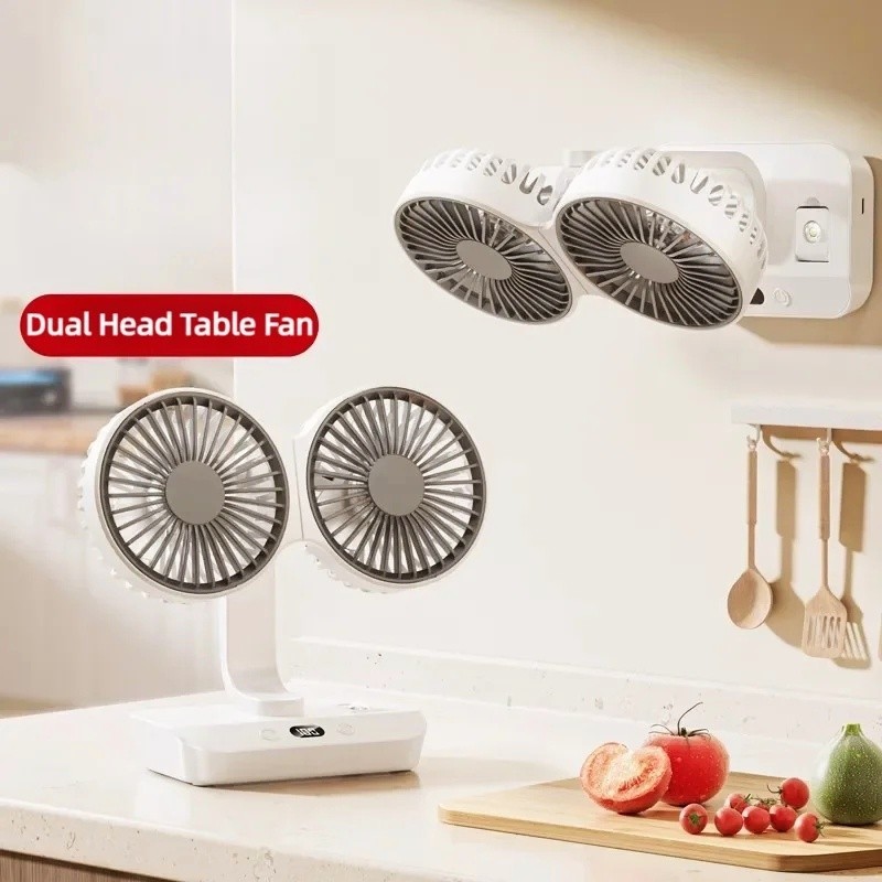 Jual 4000mAh Rechargeable Battery Table Fan with LED Light Dual Head ...