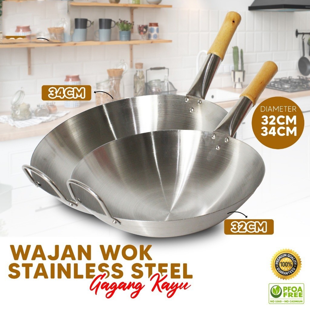 Jual Wajan Penggorengan Kuali 32cm 34cm Stainless Steel Tebal Gagang Kayu Anti Panas Anti ...
