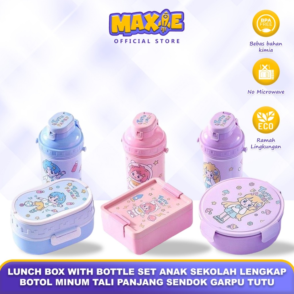 Jual Lunch Box With Bottle Set Anak Sekolah Lengkap Botol Minum Tali Panjang Sendok Garpu Tutu ...