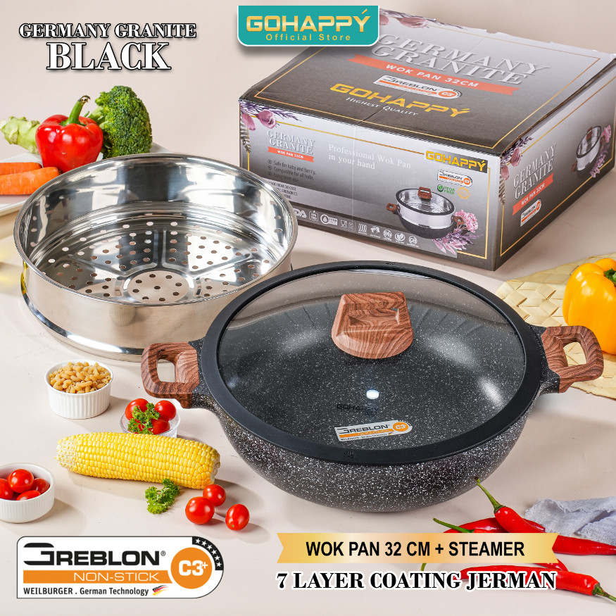 Jual Panci Wajan WOK PAN JUMBO 32 CM+STEAMER Gohappy Germany Granite ...