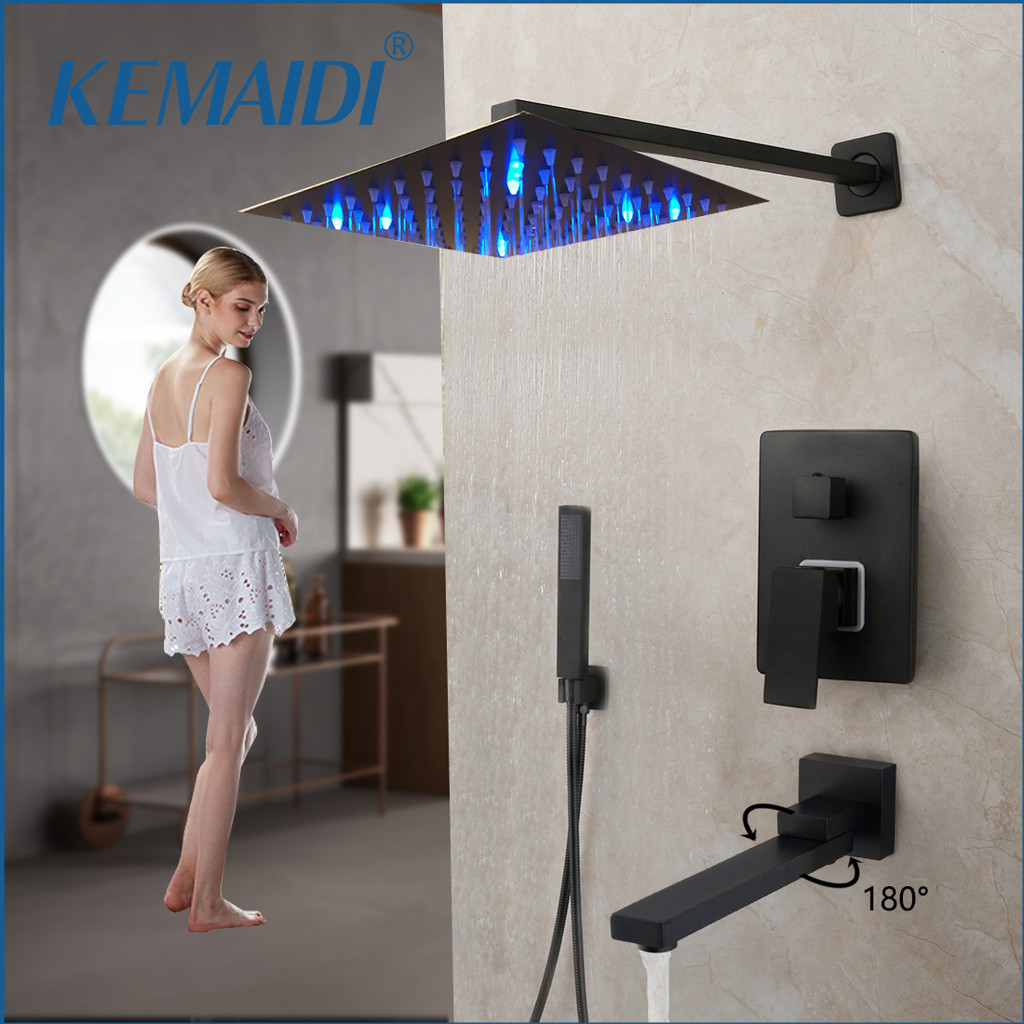 Jual Matte Black Shower Faucet Set Rain Waterfall Concealed Shower ...