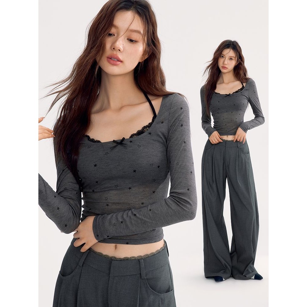 Jual T-shirt leher renda dua potong palsu wanita awal musim gugur ...