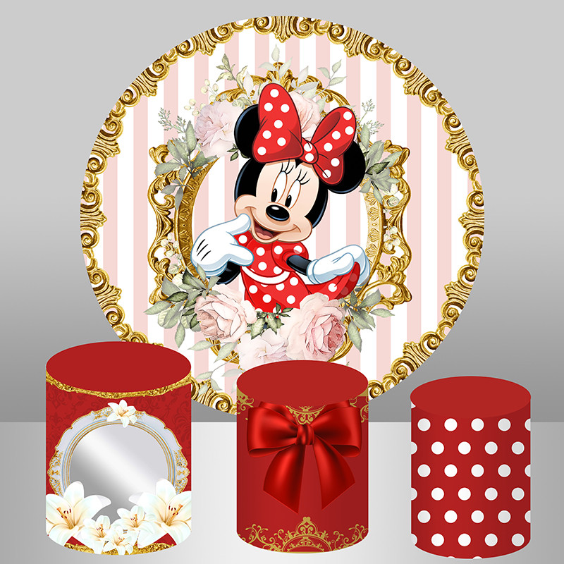 Jual Red Dance Minnie Mouse Round Backdrop Gold Frame Girls Baby Shower ...