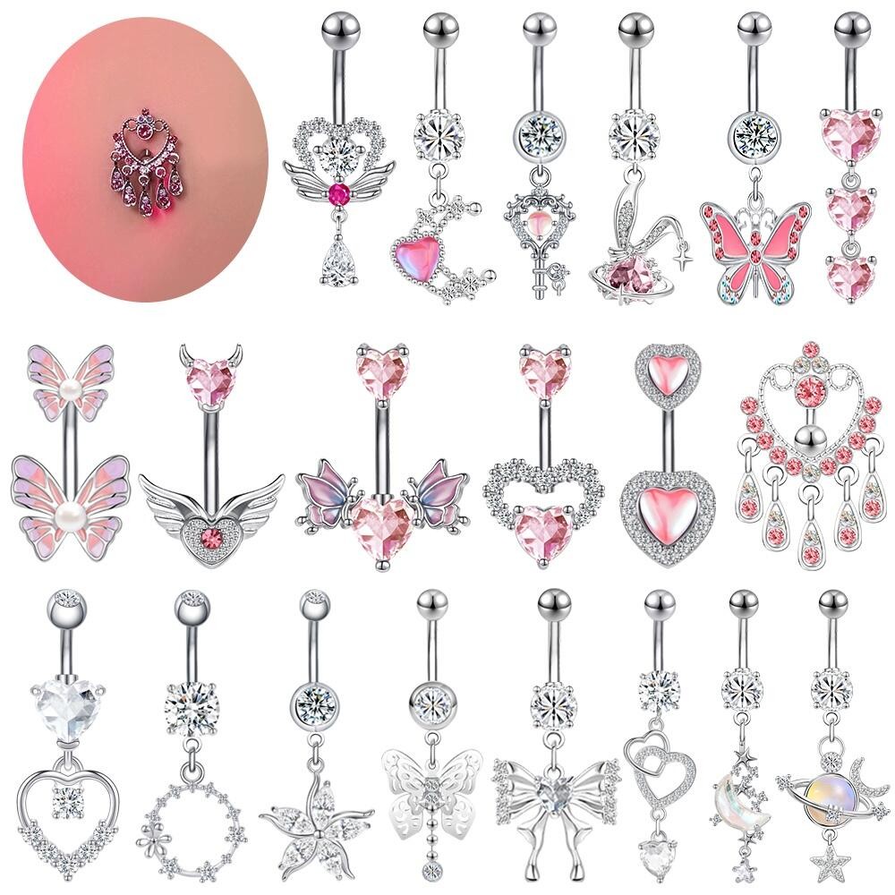 Jual 1 PC Pink Heart Crystal Belly Button Ring Stainless Steel Butterfly Navel Piercing Reverse ...