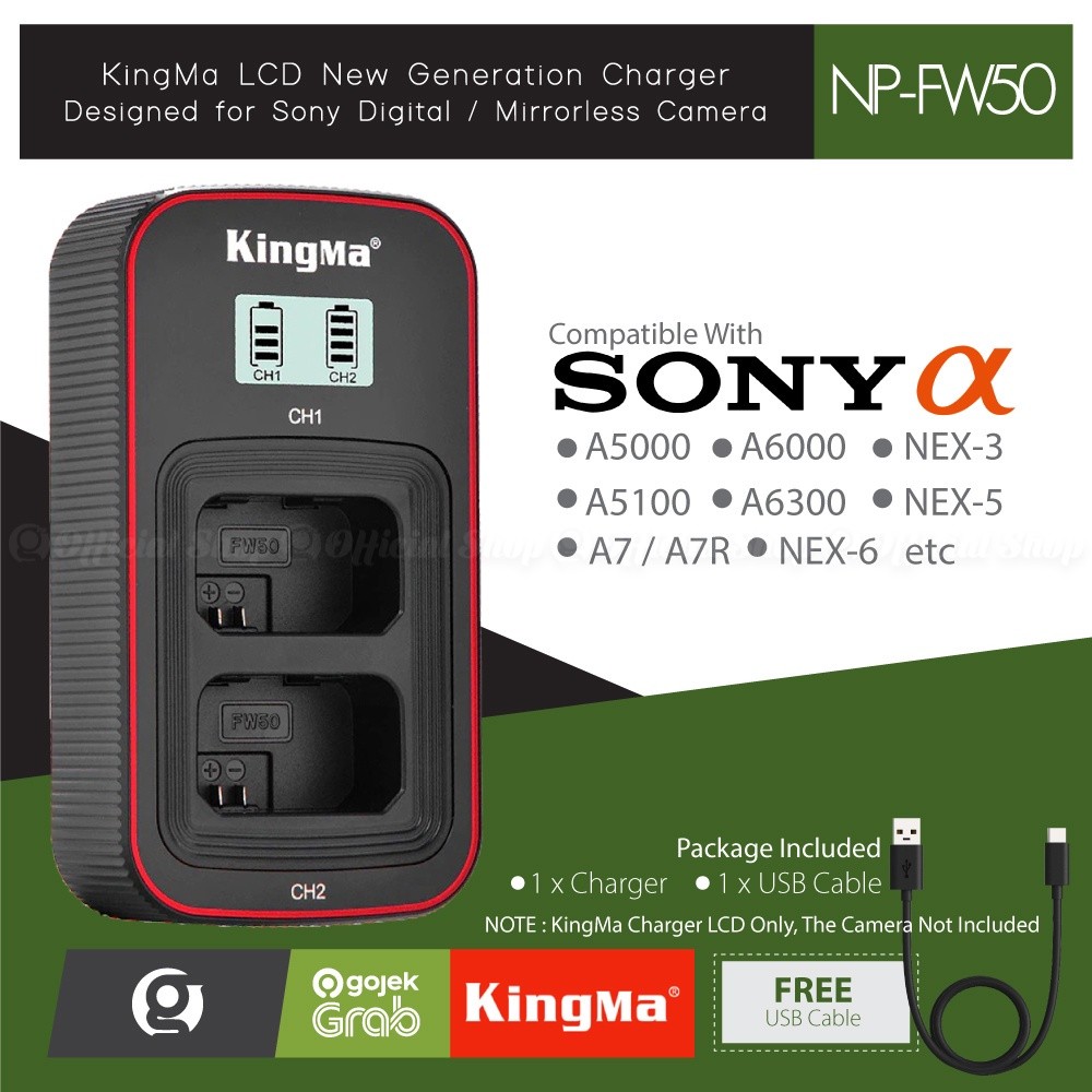 Jual KINGMA LCD DUAL CHARGER NP-FW50 for Sony A6500 A6400 A6300 A6000 A5100 A7R2 A7M2 NEX-7 NEX ...
