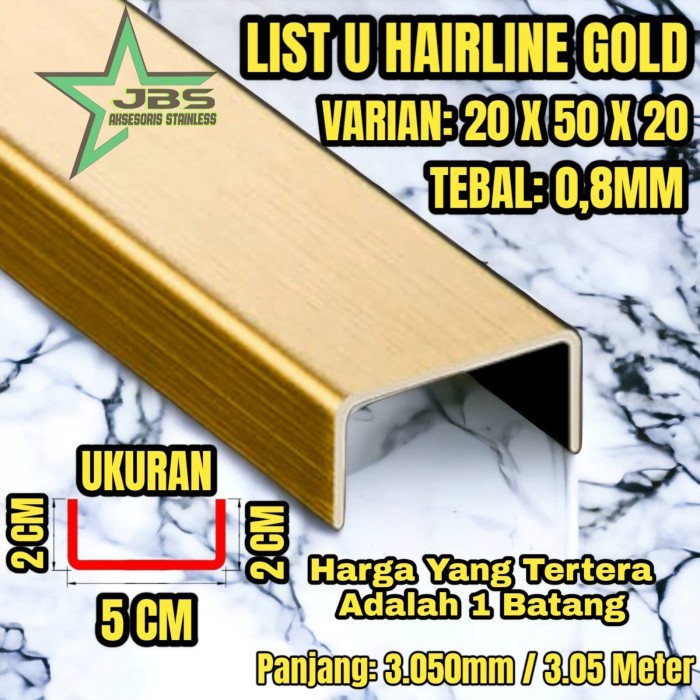 Jual SA99 LIST U HAIRLINE GOLD STAINLESS SUS 201 20X50X20X3.050mm T. 0 ...
