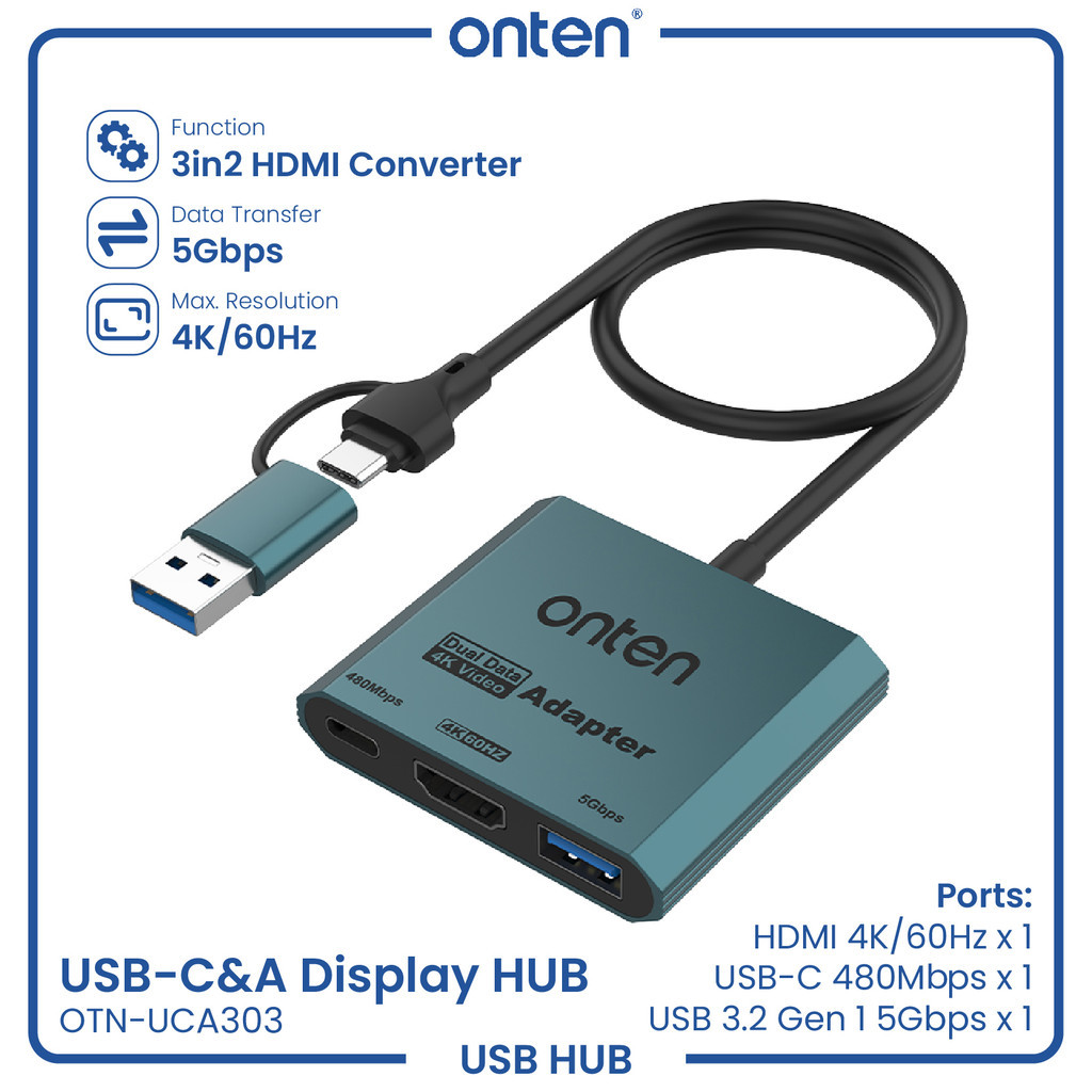 Jual ONTEN 3in1 Type-C/USB-A to HDMI 4K Type-C USB3.0 Hub Display Converter Adapter OTN-UCA303 ...
