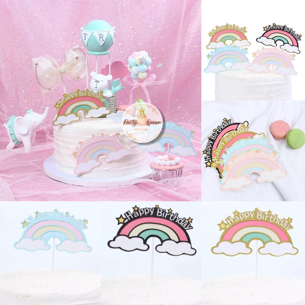 Jual Cake Topper Happy Birthday Awan Pelangi / Tusukan Kue HBD Karton ...
