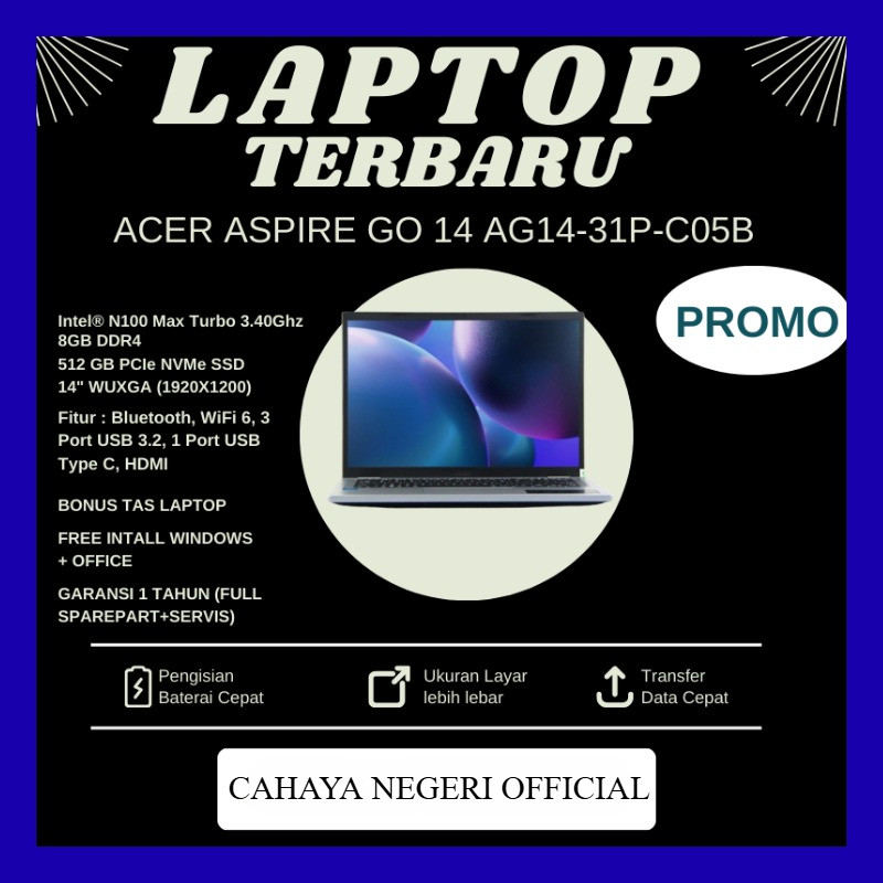 Jual PROMO LAPTOP ACER Intel N100 RAM 8GB SSD 512GB LAYAR WUXGA (TAS ...