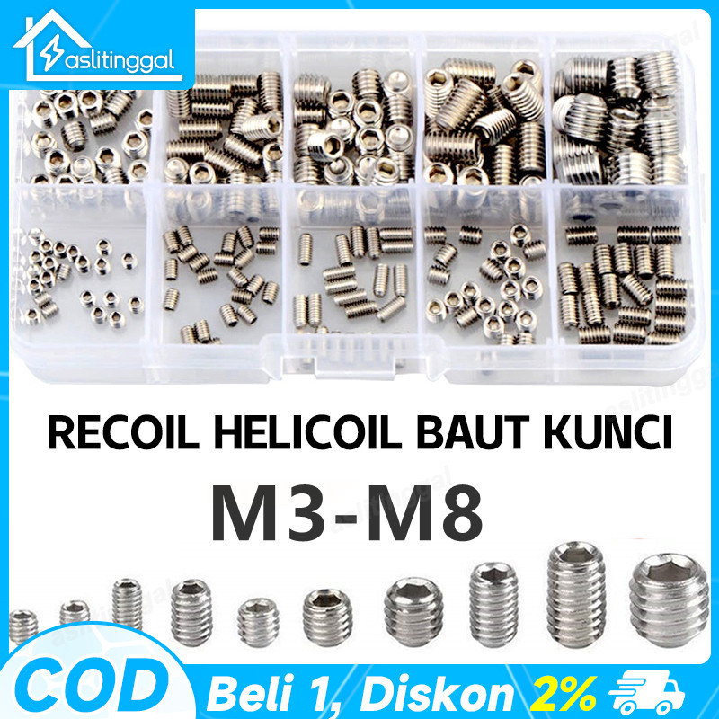 Jual 150Pcs/Set M3-M8 Recoil Helicoil BAUT KUNCI Thread Insert Screws ...