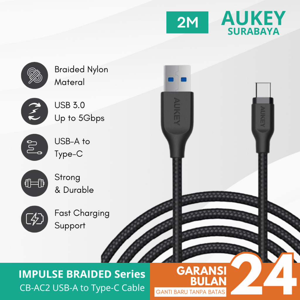 Jual Aukey Cable USB A To C 2M Braided Black CB-AC2 | Shopee Indonesia