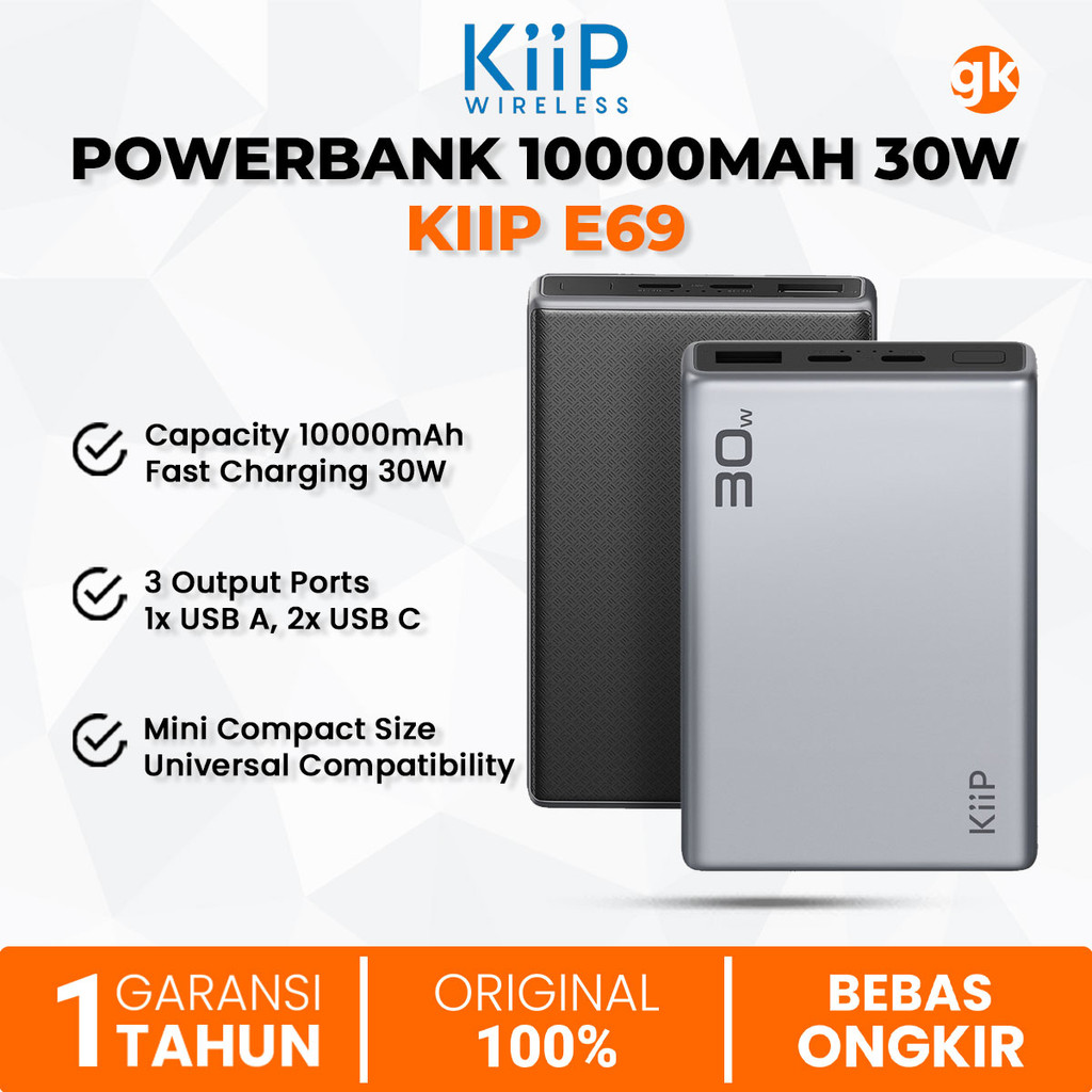 Jual KIIP E69 Powerbank 10000mAh Fast Charging PD30W 3 Output USB Type ...