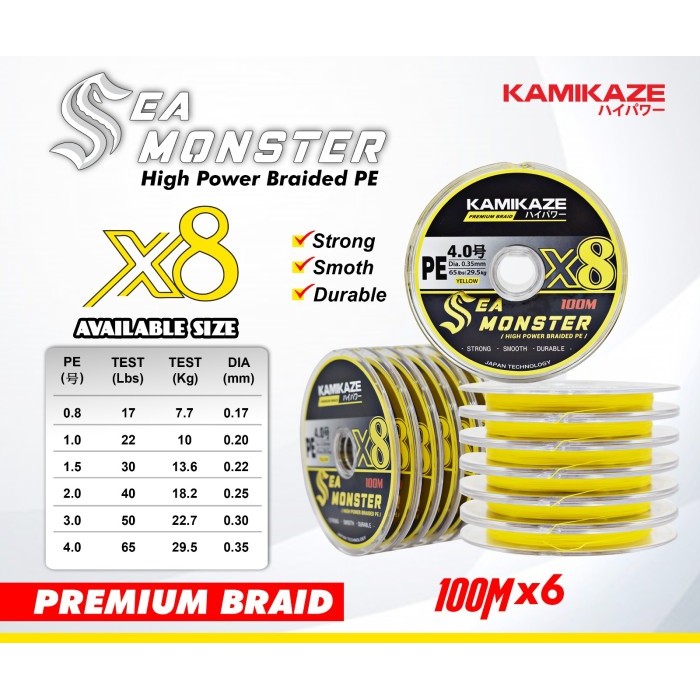Jual SENAR PE KAMIKAZE SEA MONSTER X8 100M |Connecting 6 Braid Line Pancing - Kuning, PE 1.5 ...