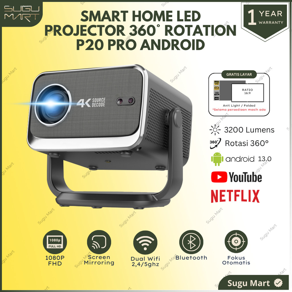 Jual Proyektor Mini Android P20 Pro 3200 Lumens 2 / 16 GB Full HD 1080P ...