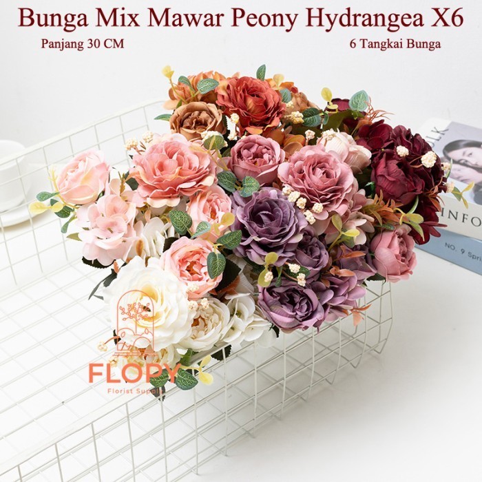 Jual [ 6 Cabang ] Bunga Mix Mawar Peony Hydrangea X6 / Bunga Dekorasi ...