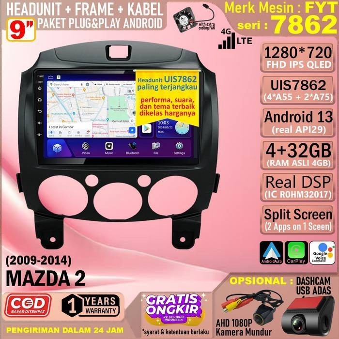 Jual Paket Headunit Android 9 inch + Frame + Soket PNP Mazda 2 2009 ...