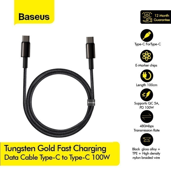 Jual Baseus Tungsten Gold Fast Charging Data Cable C to C 480mbps 100W 5A | Shopee Indonesia