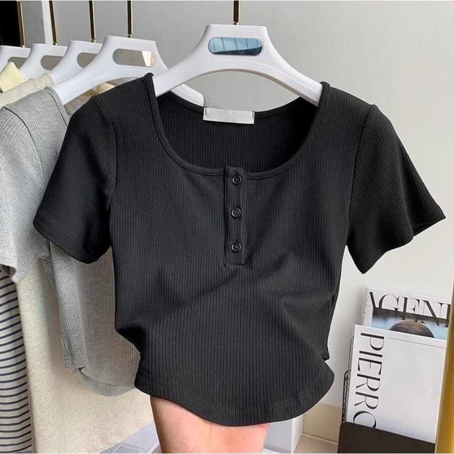 Jual Atasan Wanita Wiggle Crop Top Blouse Korean Knit Button Baju Atasan Wanita Lengan Pendek ...