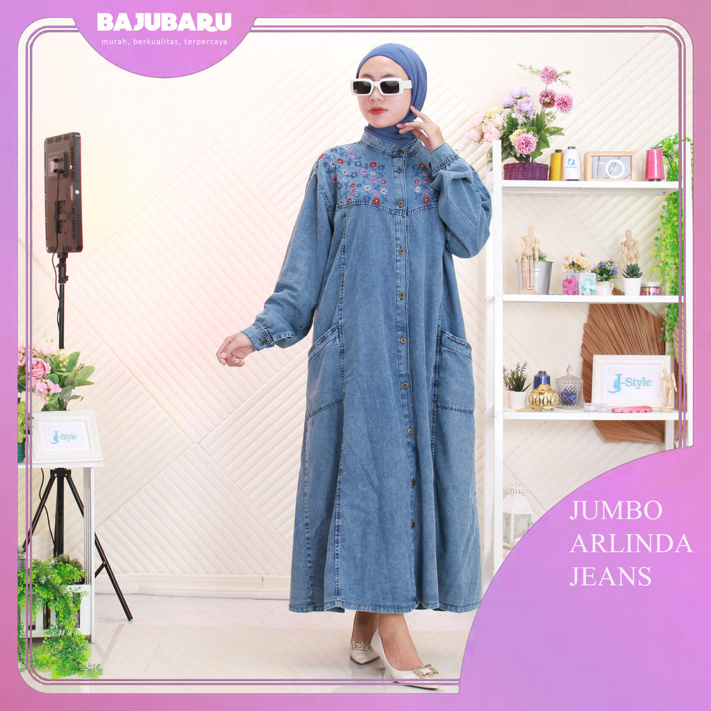 Jual Arlinda Midi Dress Tangan Panjang Jeans Busui Jumbo Bordir Saku ...