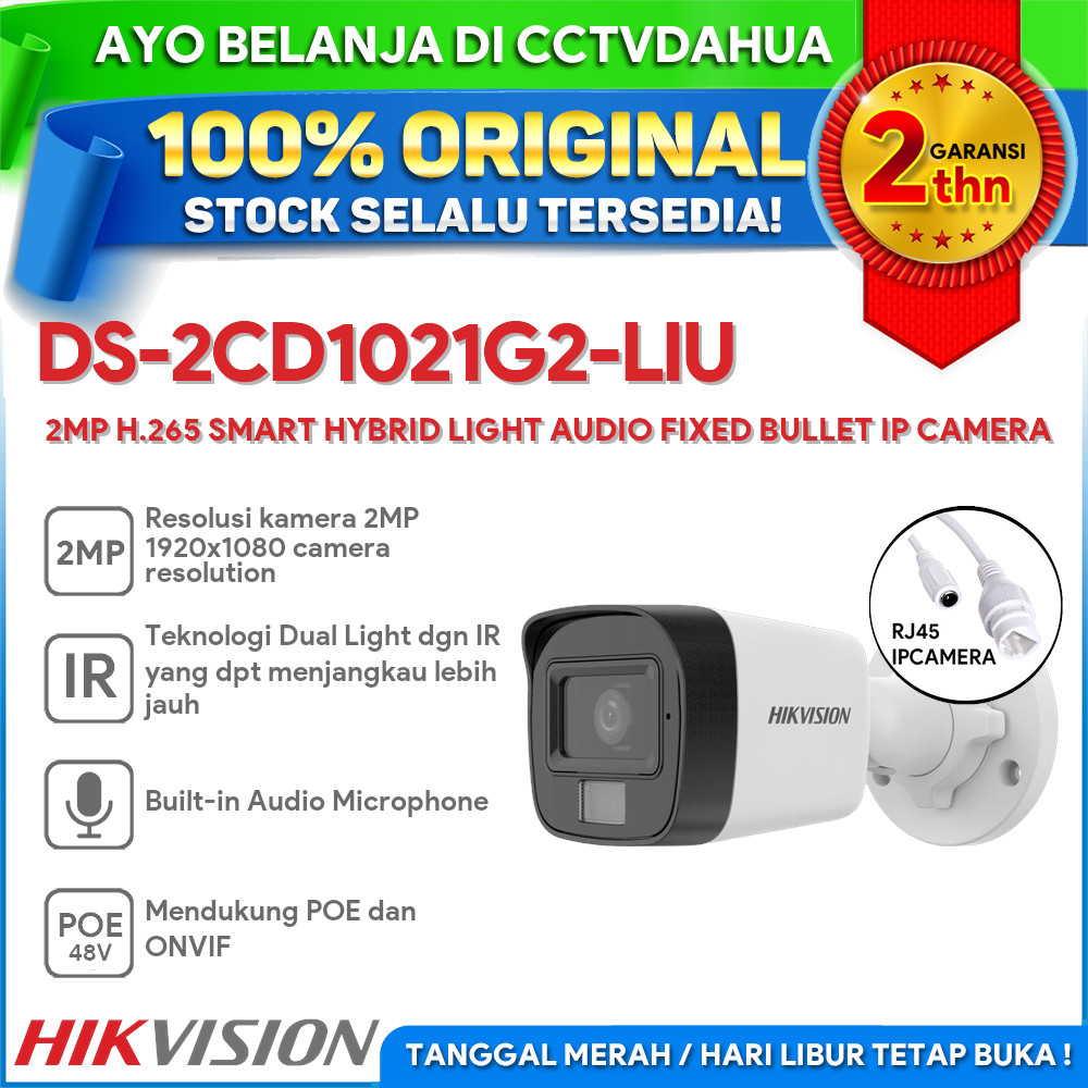 Jual HIKVISION DS-2CD1021G2-LIU 2MP H.265 SMART HYBRID LIGHT AUDIO FIXED BULLET IP CAMERA ...
