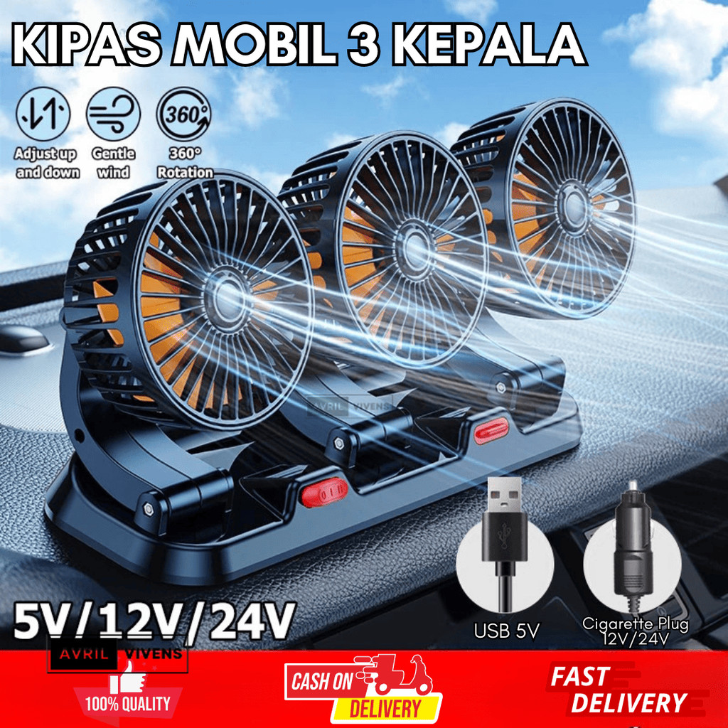 Jual [AVV] Kipas Angin Mobil 3 Kepala 12/24V Kipas Pendingin Truck USB ...