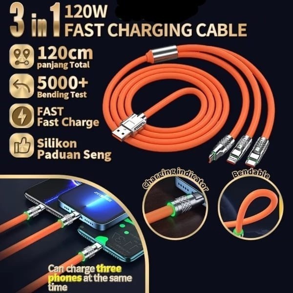 Jual Kabel Cas Casan Hp 3in1 Kabel Type C Lightning Micro USB Fast Charge 6A 120W 120WATT Kabel ...