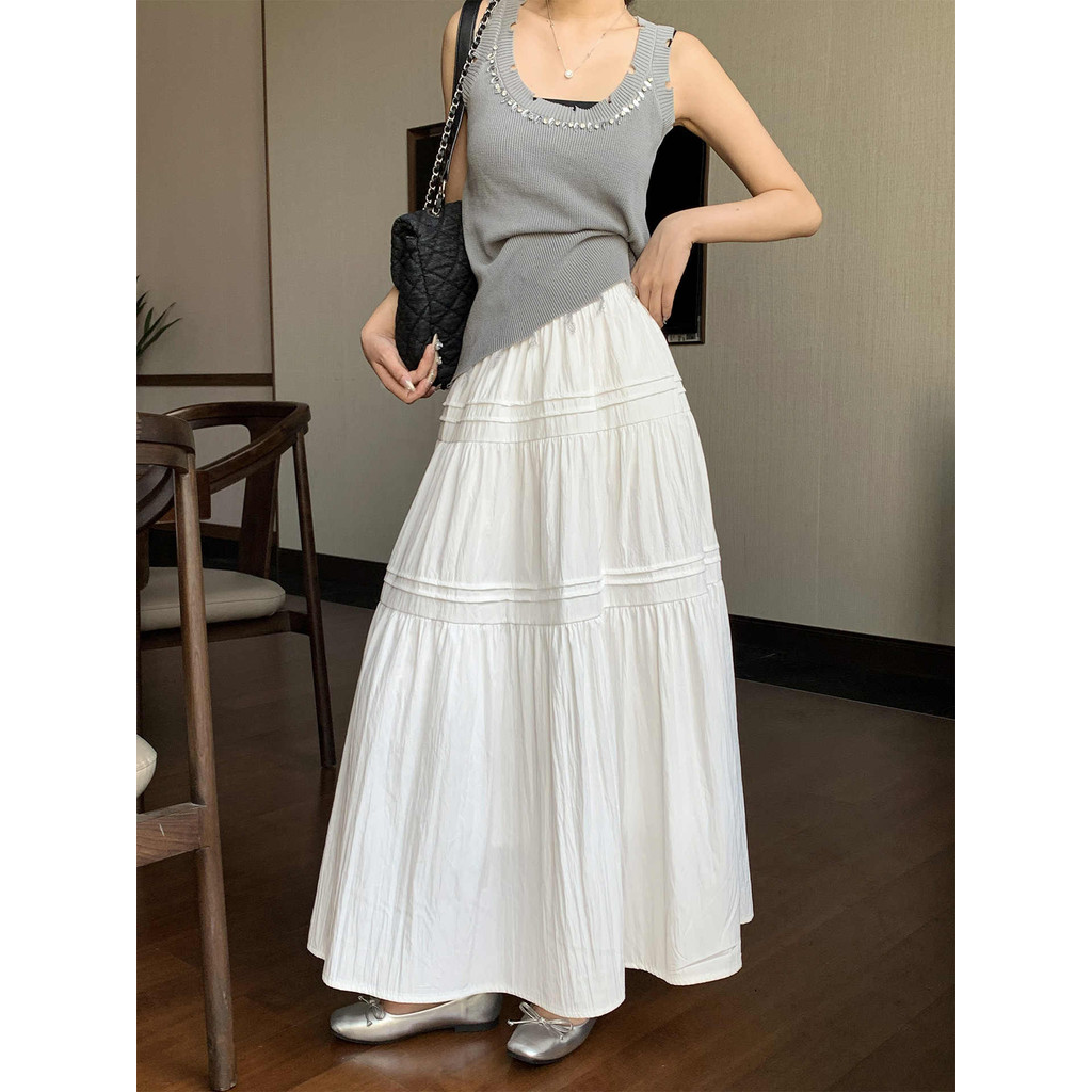Jual Qlioo Rok A-line Putih Gaya Korea Rok Panjang Pinggang Tinggi ...