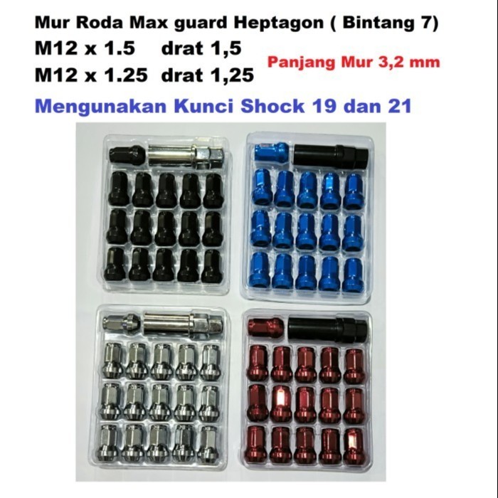 Jual Mur Roda Racing Max Guard Heptagon warna M12 x 1.5 - M x 1.25 ...