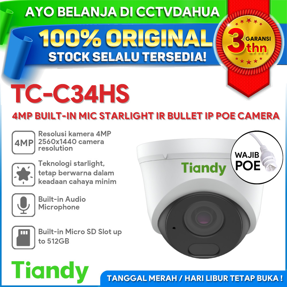 Jual TIANDY TC-C34HS 4MP BUILT-IN MIC STARLIGHT IR BULLET IP POE CAMERA ...