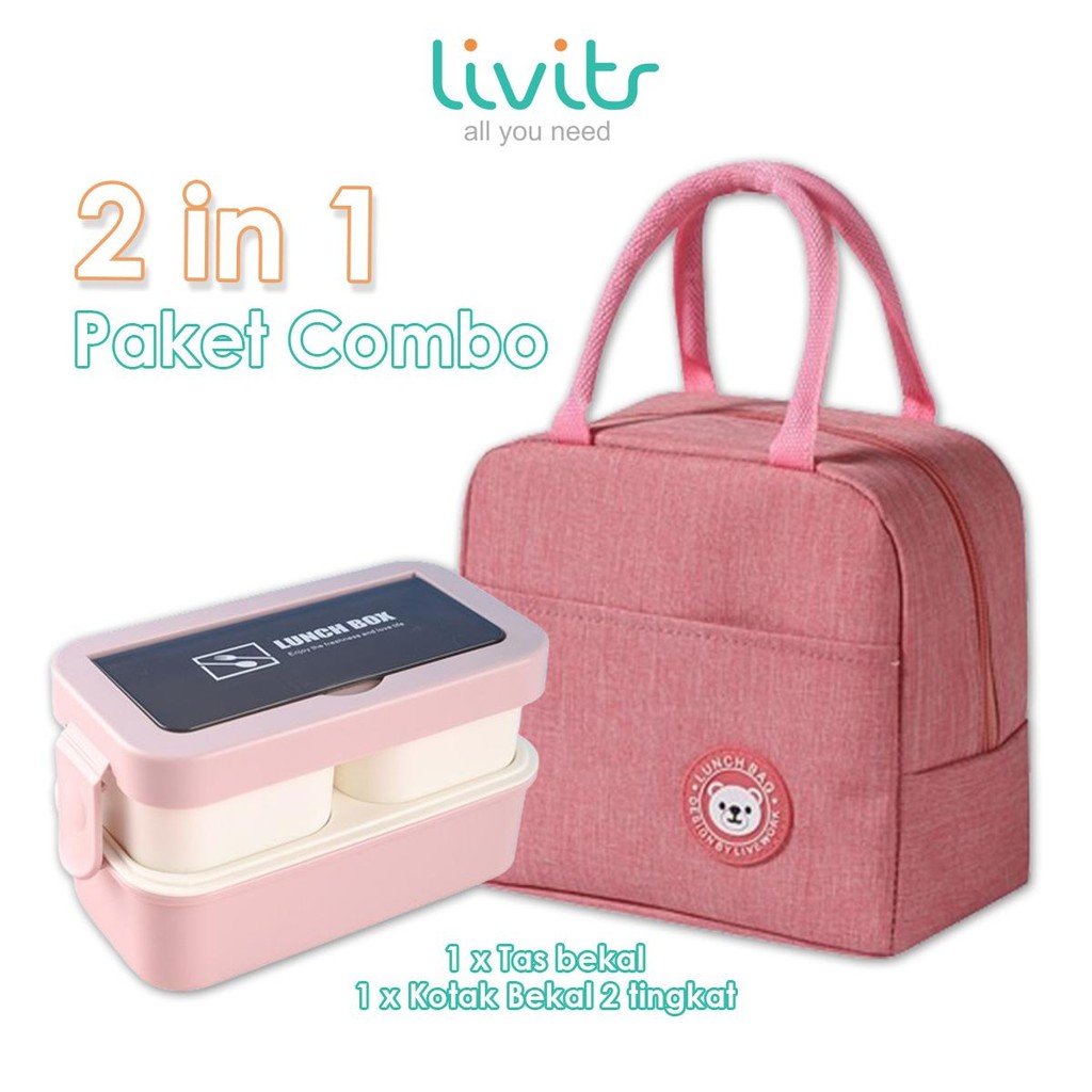 Jual Livits Lunch Box 2 in 1 Set I Paket Lunch Box 2 Susun 1250ml Kotak Bekal Bento Anti Tumpah ...