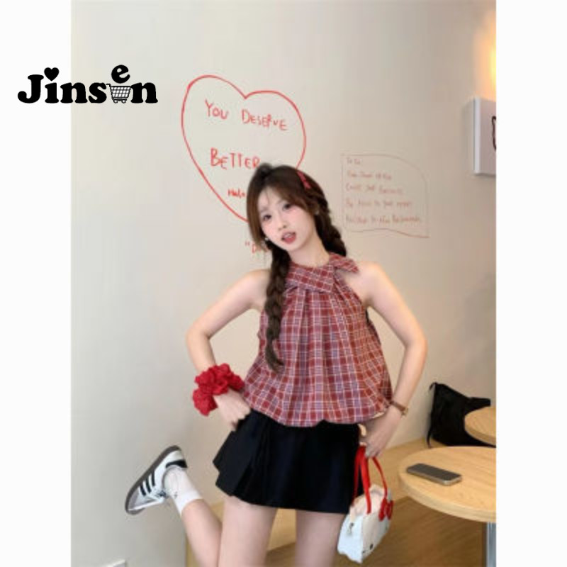 Jual [JinSen] Kemeja Rompi Kotak-kotak Kontras Desain Perancis Atasan ...