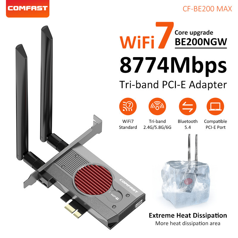Jual Comfast 8774Mbps PCI-E WiFi7 Network Card Intel Be200NGW WIFI Adapter Trid-Band 2.4G/5G ...