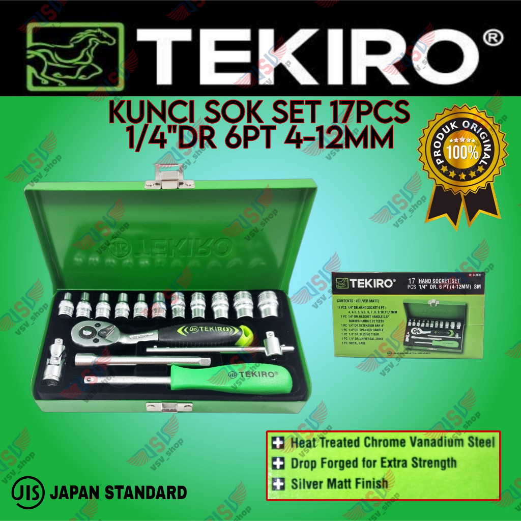 Jual Tekiro hand socket set 17 pcs 6 pt 1/4" 4-12mm kunci sok set ...