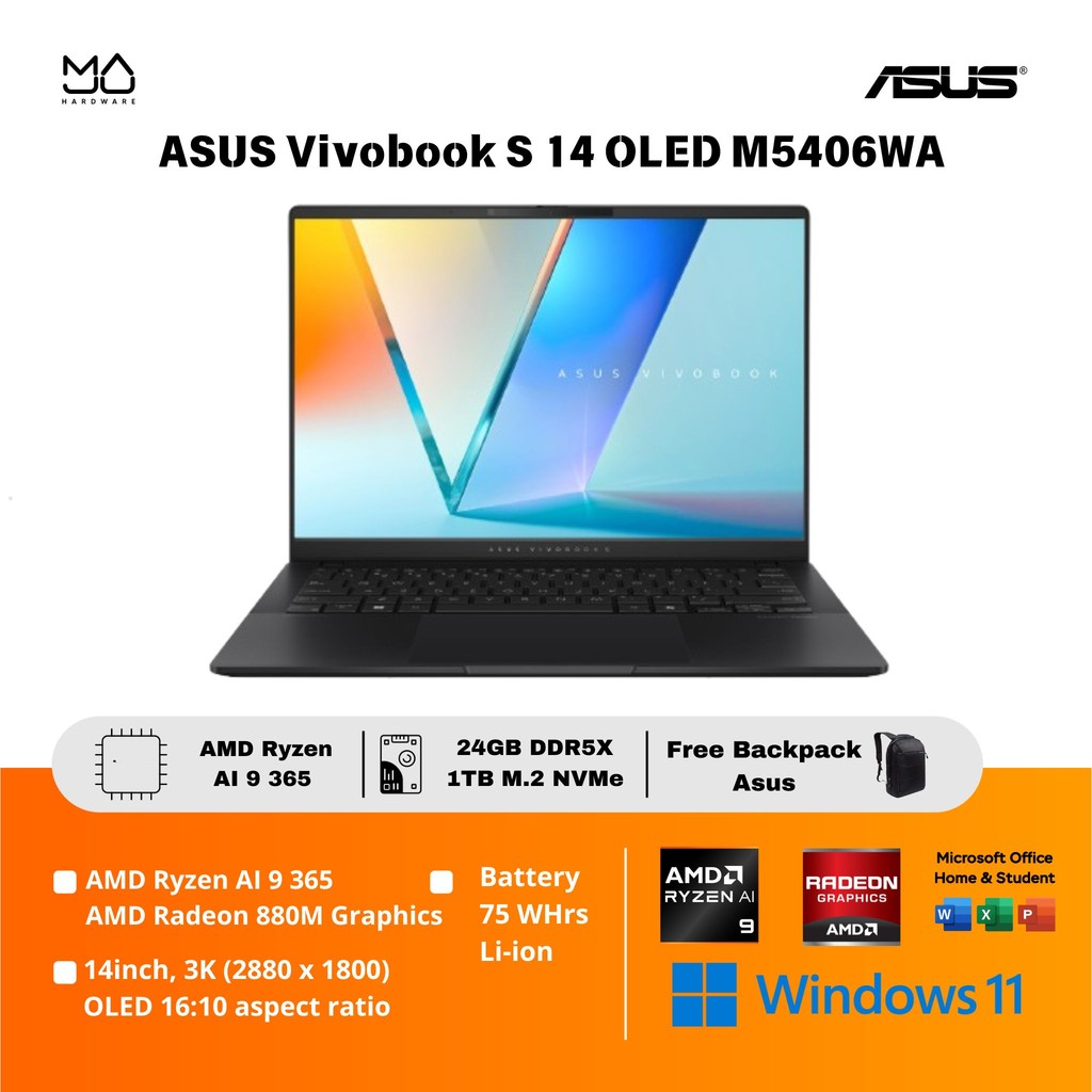 Jual Laptop ASUS Vivobook S 14 OLED M5406WA Ryzen AI 9 365 24GB 1TB w11 ...