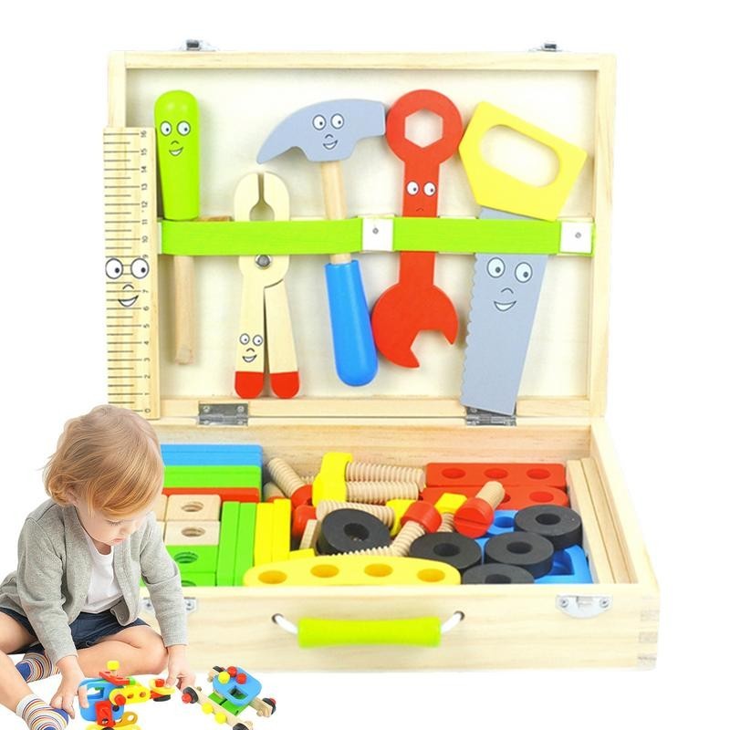 Jual Wooden Tool Set 69pcs Cartoon Tools Workbench Set Portable Kids ...
