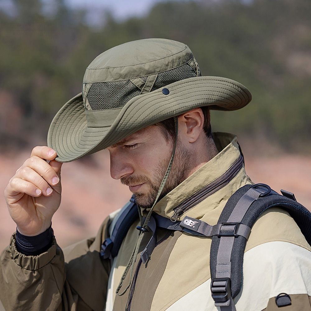 Jual Summer Men Bucket Hat Outdoor UV Protection Wide Brim Panama ...