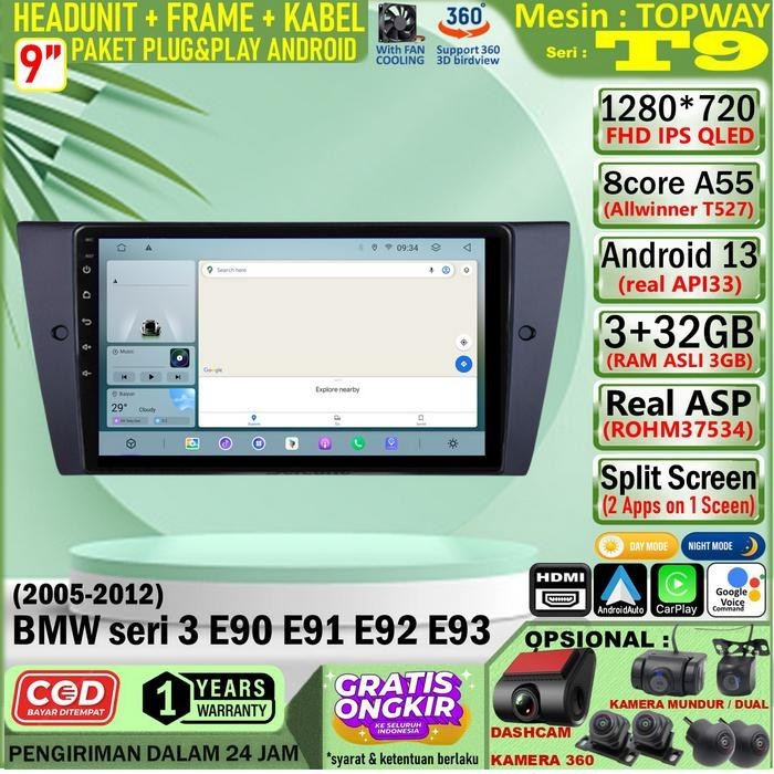Jual Paket Headunit Android 9 inch + Frame + PNP Canbus BMW E90 E91 E92 E93 Topway T9 Allwinner ...