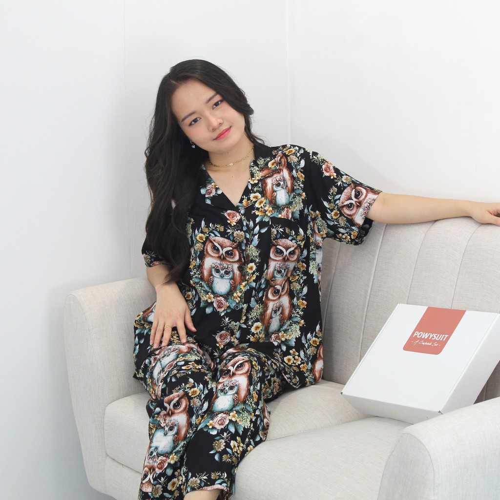 Jual Powysuit Piyama Rayon Owl Wanita Motif Lengan Pendek dan Setelan Celana Panjang Berkualitas ...