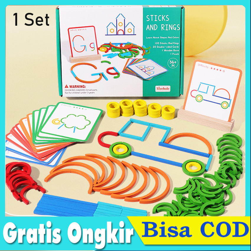 Jual Mainan Kayu Kreatif Stik Dan Cincin Puzzle menyusun pola bentuk ...