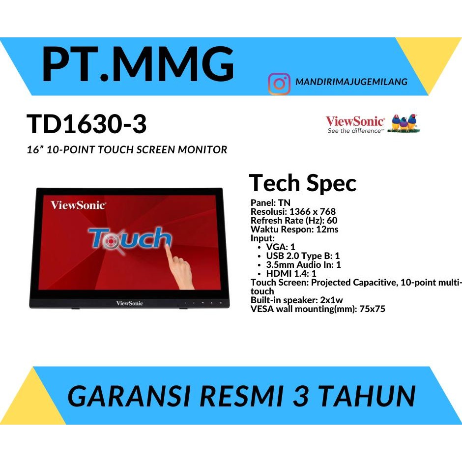 Jual Monitor Viewsonic TD1630-3 16" 10-point Touch Screen HDMI VGA ...