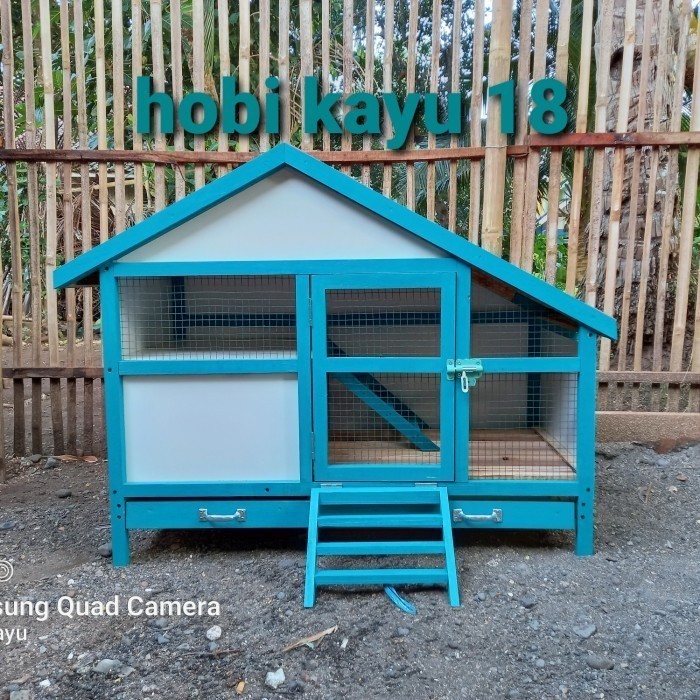 Jual kandang kelinci kayu unik cat biru putih indoor outdoor awet ...